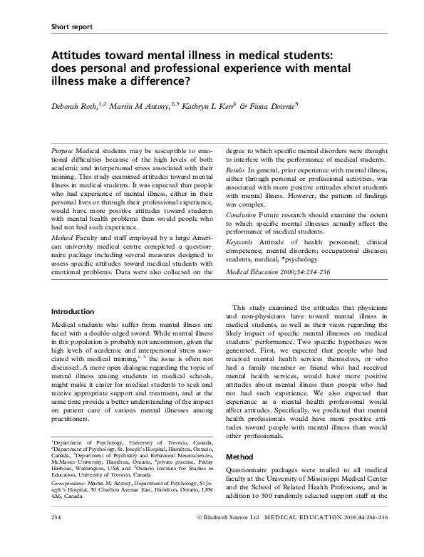 (PDF) Attitudes toward mental illness in medical students: does personal and professional ...