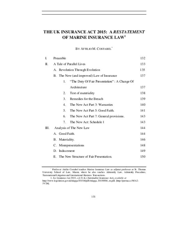 (PDF) The UK Insurance Act 2015: A Restatement of Marine Insurance Law