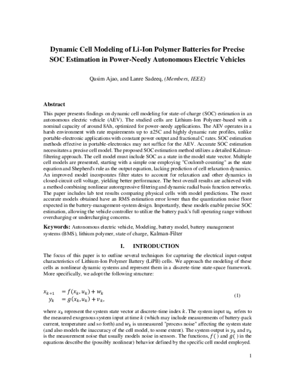 Pdf Dynamic Cell Modeling Of Li Ion Polymer Batteries For Precise Soc