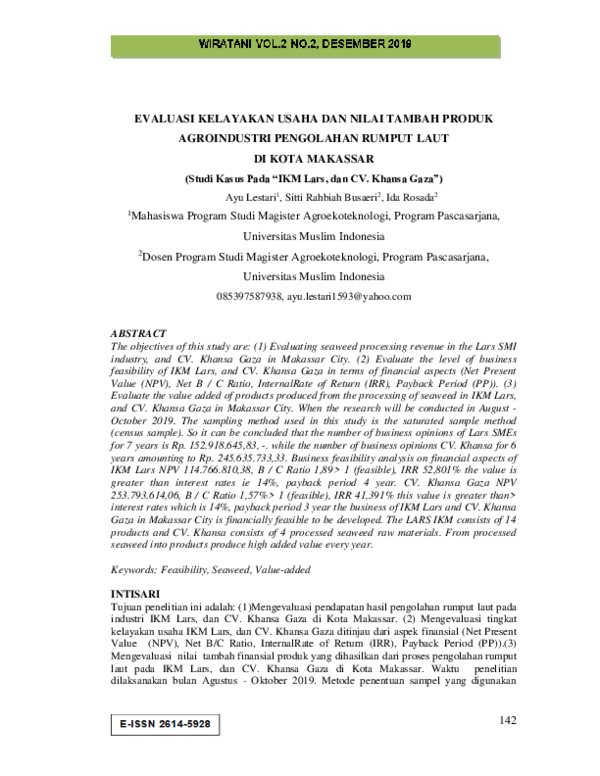 (PDF) EVALUASI KELAYAKAN USAHA DAN NILAI TAMBAH PRODUK AGROINDUSTRI PENGOLAHAN RUMPUT LAUT DI ...