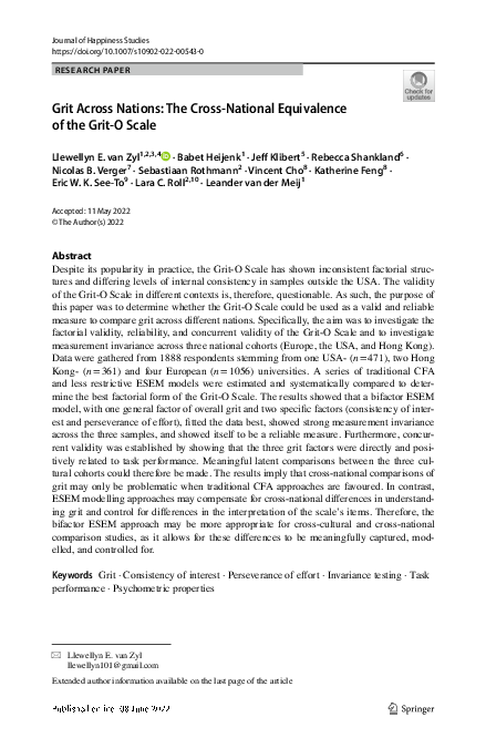 (PDF) Grit Across Nations: The Cross-National Equivalence of the Grit-O ...