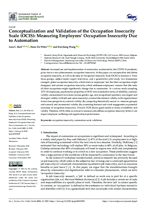 (PDF) Conceptualization and Validation of the Occupation Insecurity ...