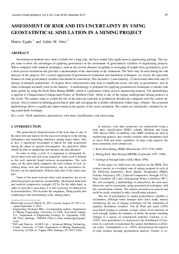 (PDF) Assessment of RMR and Its Uncertainty by Using Geostatistical Simulation in a Mining Project
