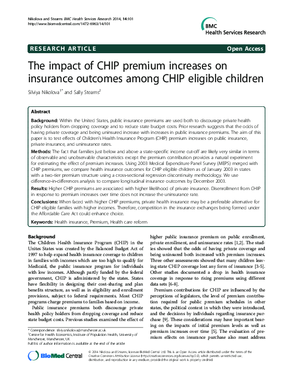 (PDF) The impact of CHIP premium increases on insurance outcomes among ...