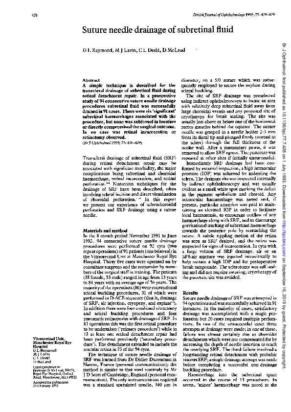 (PDF) Suture needle drainage of subretinal fluid