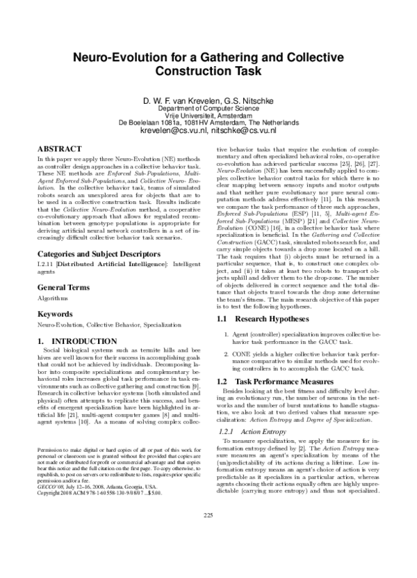 (PDF) Neuro-evolution for a gathering and collective construction task