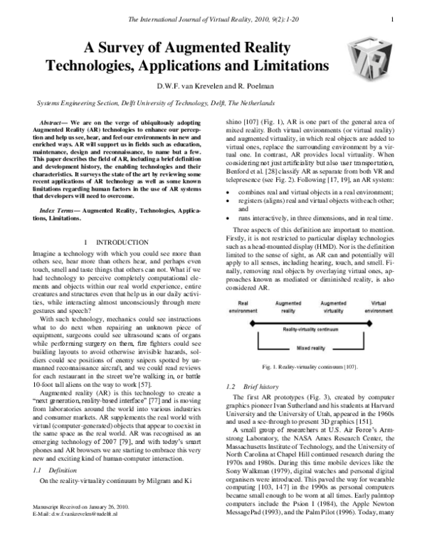 (PDF) A Survey of Augmented Reality Technologies, Applications and Limitations