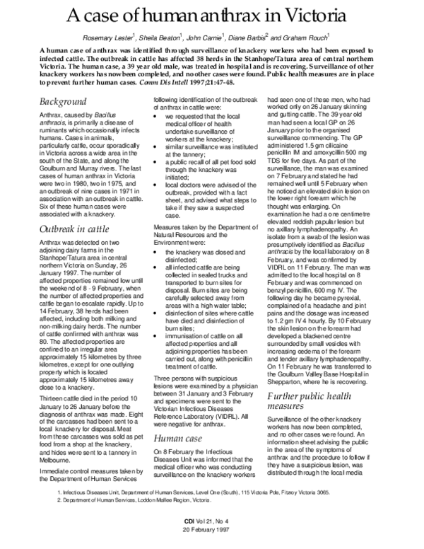 (PDF) A case of human anthrax in Victoria