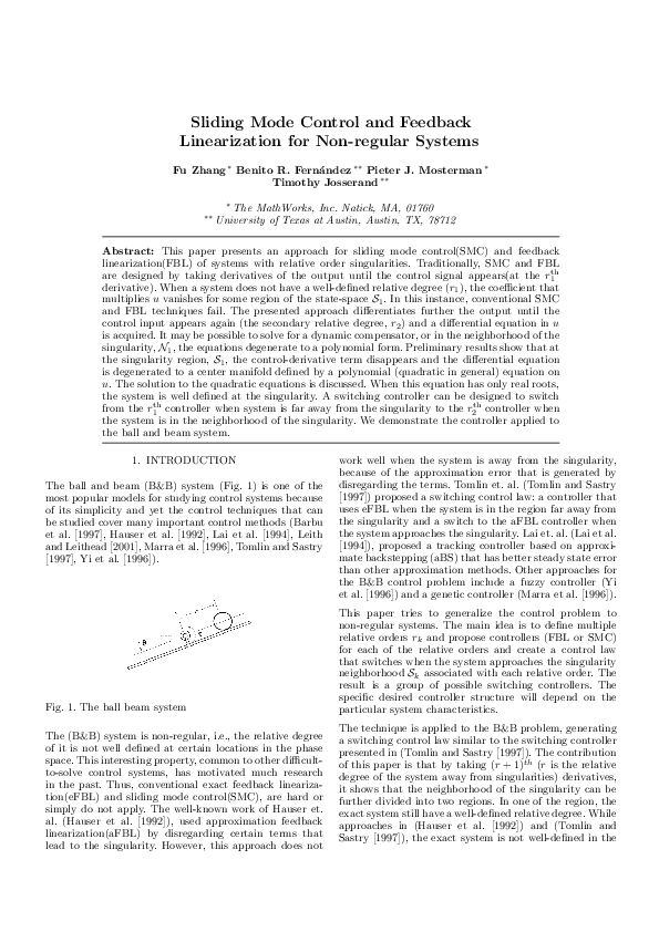 Pdf Sliding Mode Control And Feedback Linearization For Non Regular Systems 7402