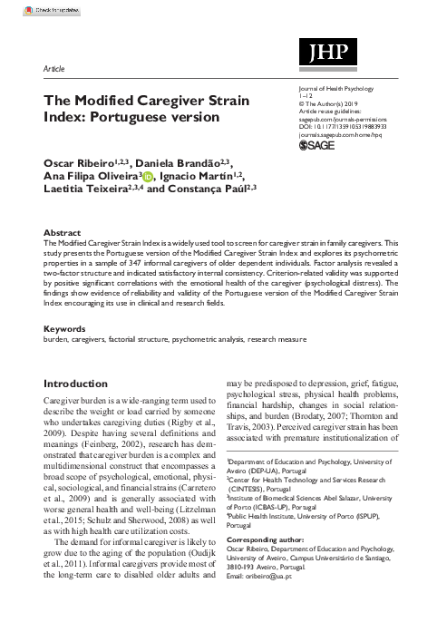 (PDF) The Modified Caregiver Strain Index: Portuguese version