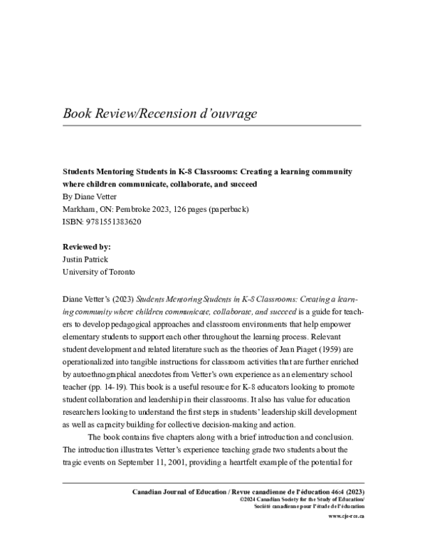 (PDF) Book Review/Recension d'ouvrage Students Mentoring Students in K ...