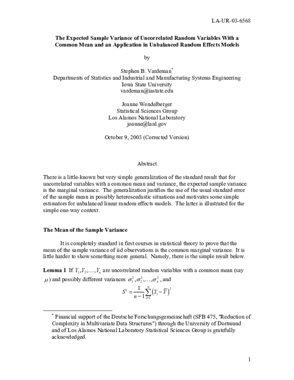 Pdf The Expected Sample Variance Of Uncorrelated Random Variables With A Common Mean And 