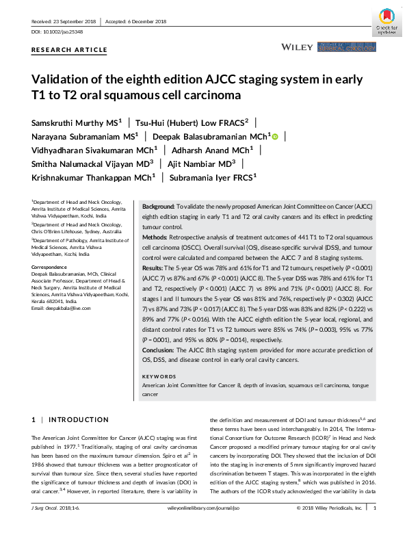 (PDF) Validation of the eighth edition AJCC staging system in early T1 ...