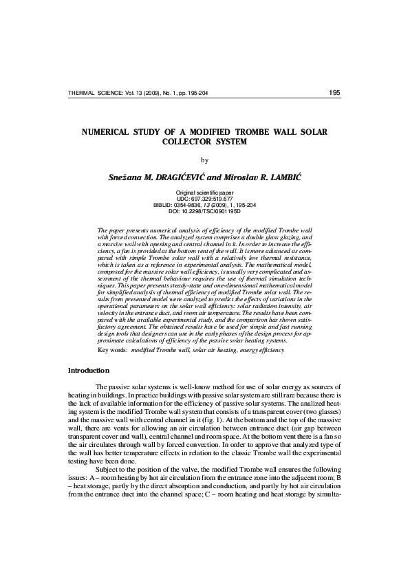 (PDF) Numerical study of a modified Trombe wall solar collector system