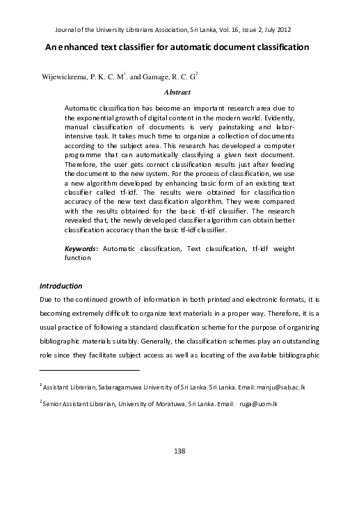 (PDF) An enhanced text classifier for automatic document classification