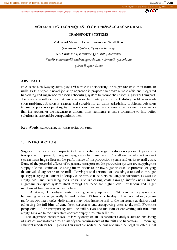 (PDF) Scheduling techniques to optimise sugarcane rail transport systems