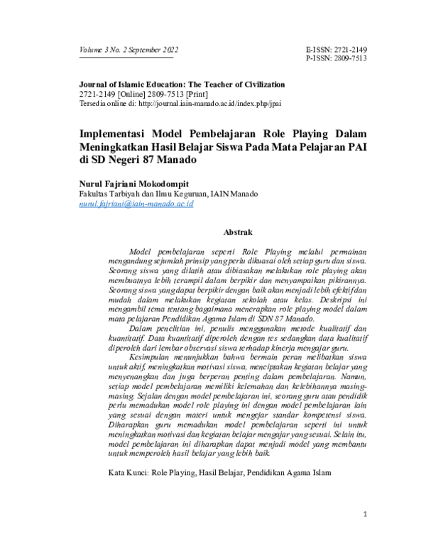 (PDF) Implementasi Model Pembelajaran Role Playing Dalam Meningkatkan Hasil Belajar Siswa Pada ...