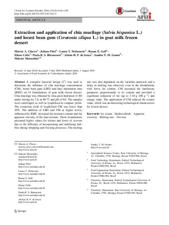 (PDF) {"__content__"=>"Extraction and application of chia mucilage ( L.) and locust bean gum ( L ...