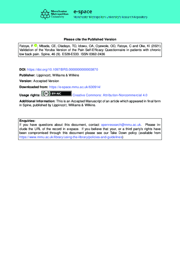 (PDF) Validation of the Yoruba Version of the Pain Self-Efficacy Questionnaire in Patients with ...