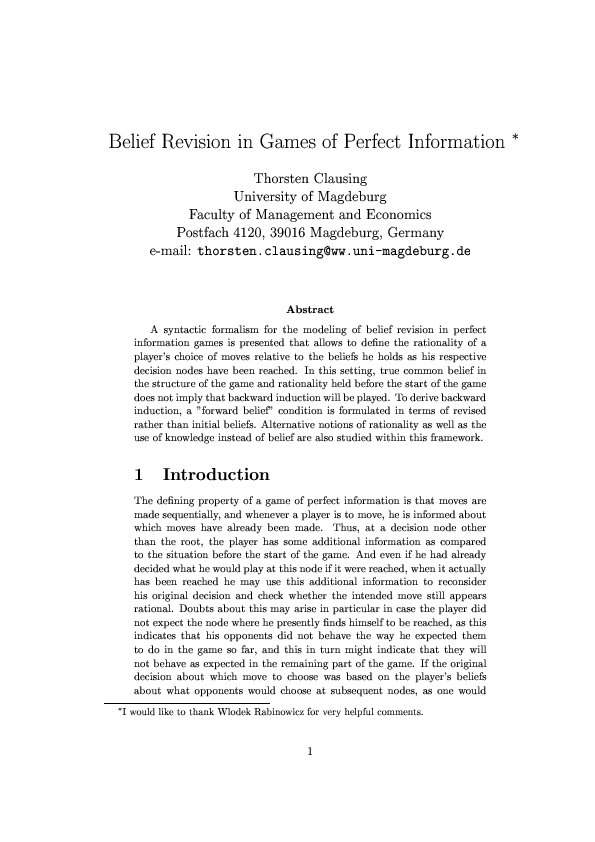 (PDF) Belief Revision in Games of Perfect Information