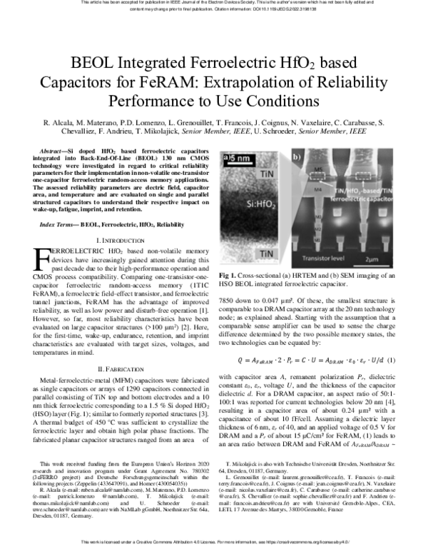 (PDF) BEOL Integrated Ferroelectric HfO₂-Based Capacitors for FeRAM: Extrapolation of ...