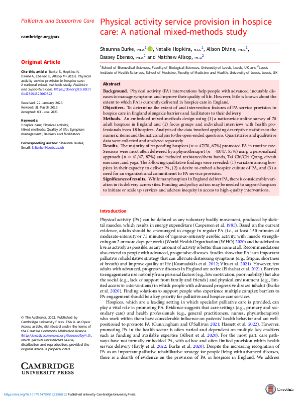 (PDF) Physical activity service provision in hospice care: A national ...