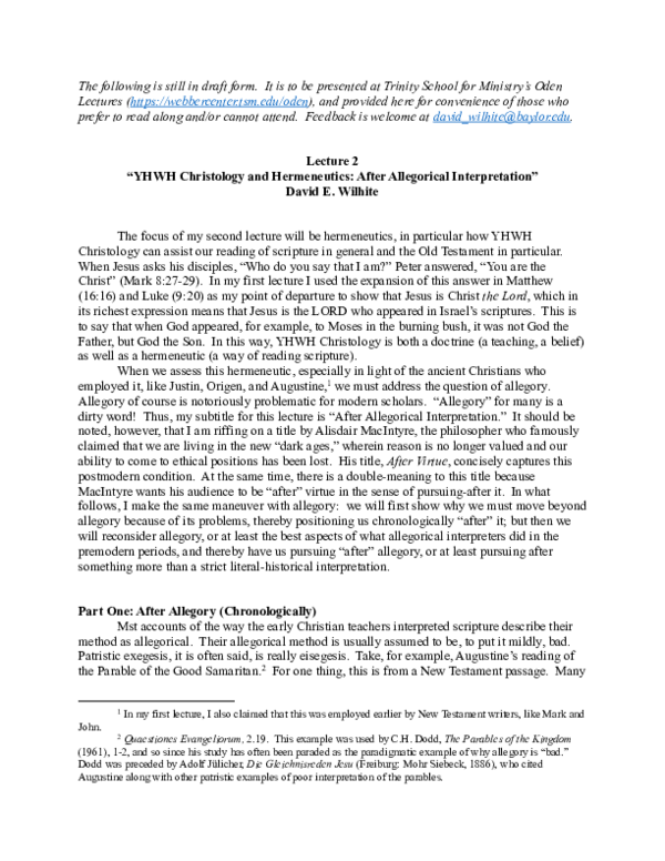 (PDF) Lecture 2 "YHWH Christology and Hermeneutics: After Allegorical ...