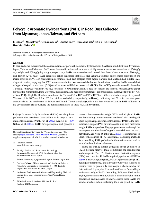 (PDF) Polycyclic Aromatic Hydrocarbons (PAHs) in Road Dust Collected from Myanmar, Japan, Taiwan ...