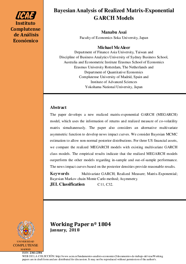 (PDF) Bayesian Analysis of Realized Matrix-Exponential GARCH Models