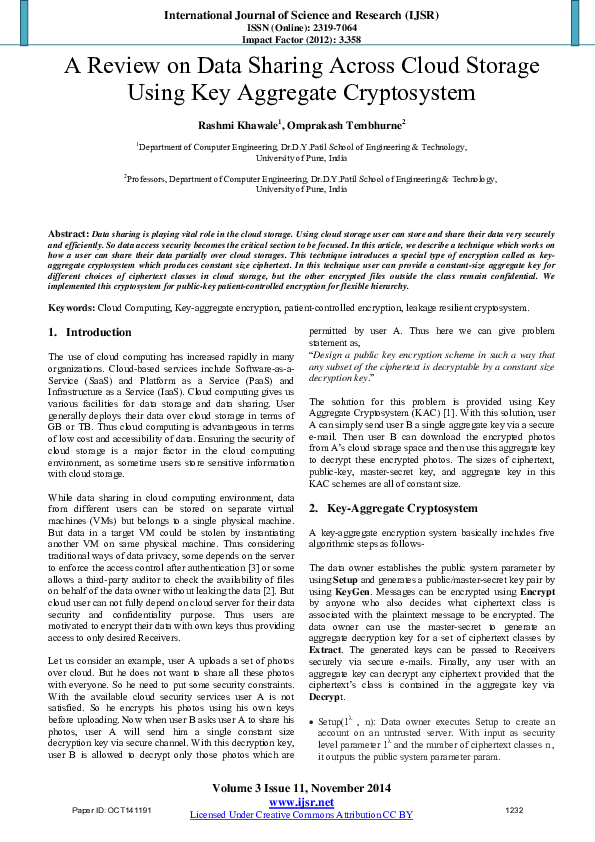 (PDF) A Review on Data Sharing Across Cloud Storage Using Key Aggregate Cryptosystem