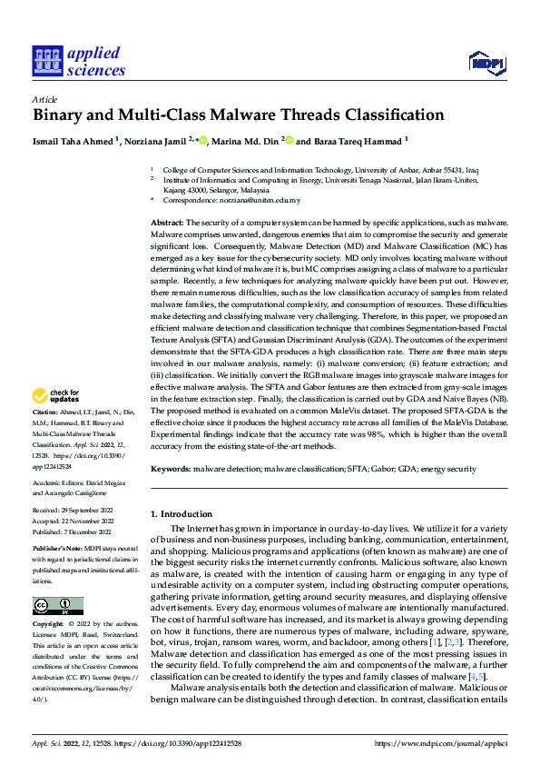 Pdf Binary And Multi Class Malware Threads Classification
