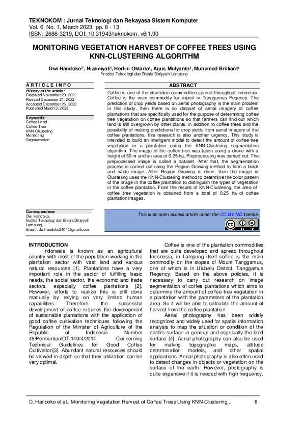 (PDF) Monitoring Vegetation Harvest of Coffee Trees Using KNN-Clustering Algorithm | muhamad ...