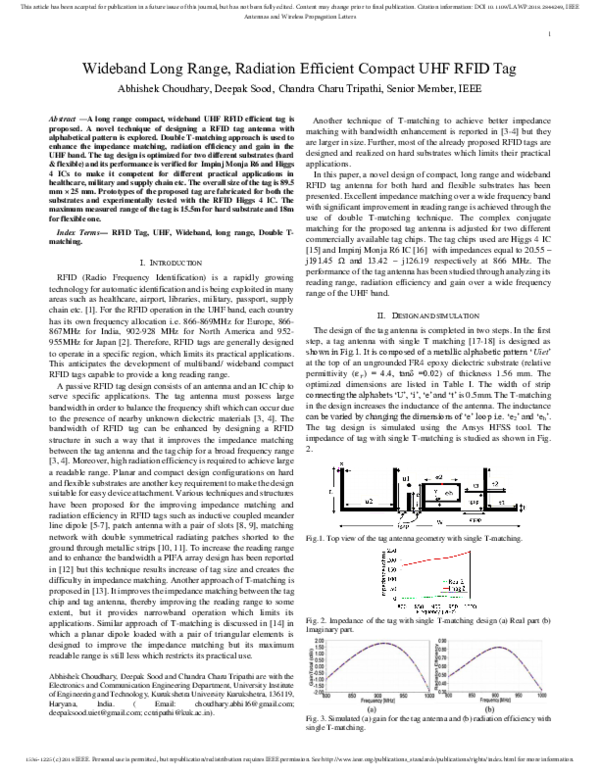 (PDF) Wideband Long Range, Radiation Efficient Compact UHF RFID Tag