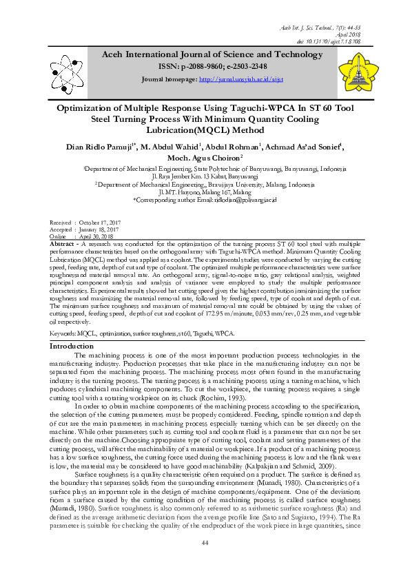 (PDF) Optimization of Multiple Response Using Taguchi-WPCA In ST 60 Tool Steel Turning Process ...