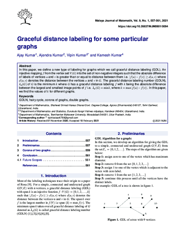 (PDF) Graceful distance labeling for some particular graphs