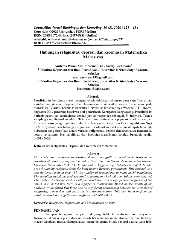 (PDF) Hubungan religiusitas, depresi, dan kecemasan Matematika Mahasiswa