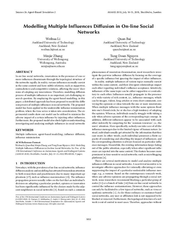 (PDF) Modelling Multiple Influences Diffusion in On-line Social Networks | Tùng Nguyễn ...