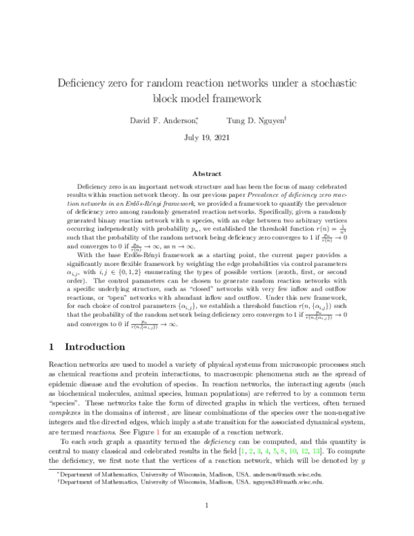 (PDF) Deficiency zero for random reaction networks under a stochastic ...