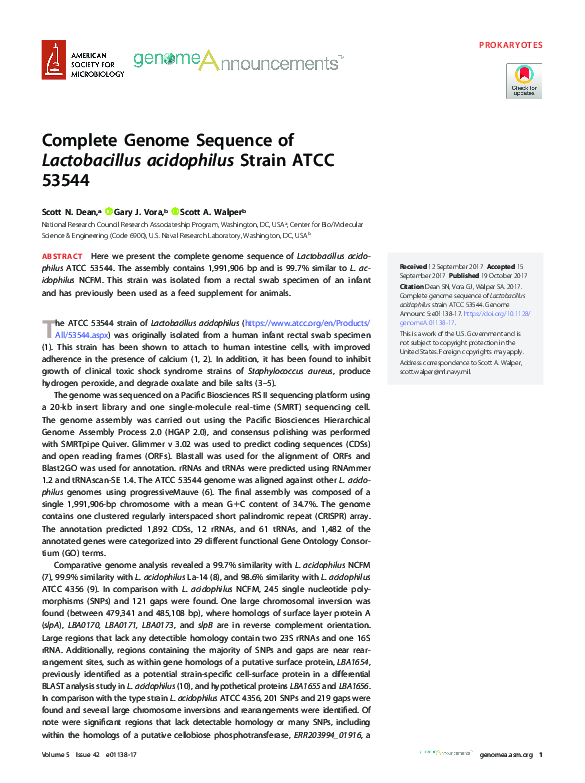 (PDF) Complete Genome Sequence of Lactobacillus acidophilus Strain ATCC ...