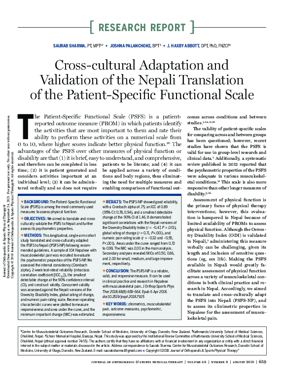 (PDF) Cross-cultural Adaptation and Validation of the Nepali Translation of the Patient-Specific ...