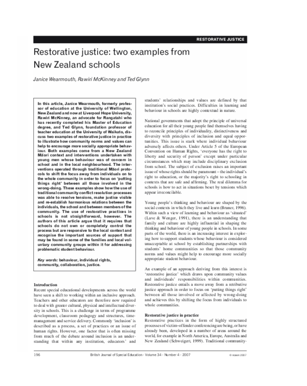 (PDF) Restorative justice: two examples from New Zealand schools | rawiri mckinney - Academia.edu