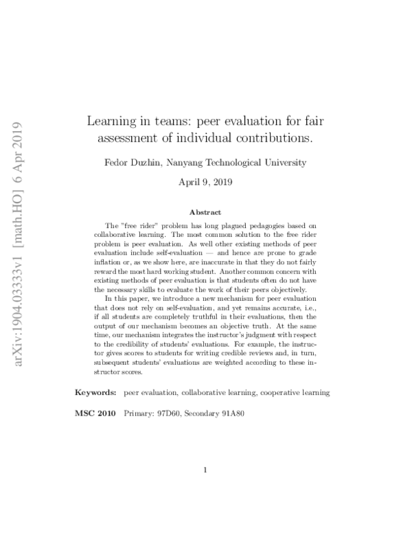 (PDF) Learning in teams: peer evaluation for fair assessment of ...