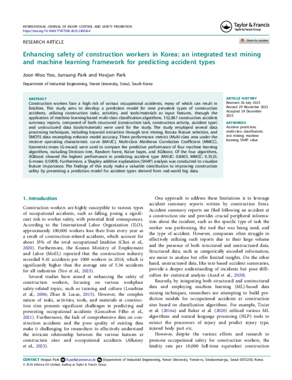 (PDF) Enhancing safety of construction workers in Korea: an integrated text mining and machine ...