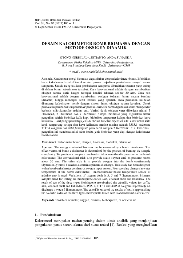 (PDF) Desain Kalorimeter Bomb Biomassa dengan Metode Oksigen Dinamik