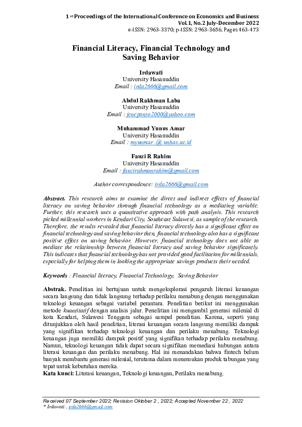 (PDF) Financial Literacy, Financial Technology and Saving Behavior