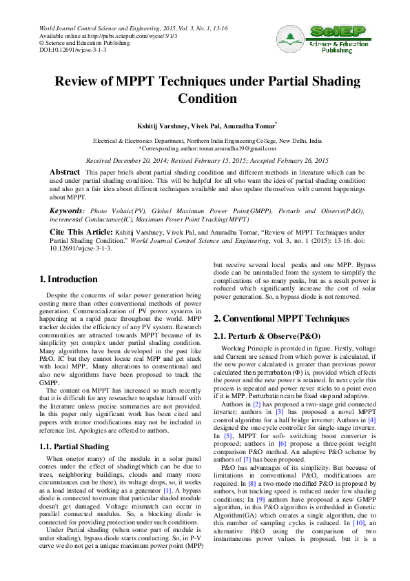 Pdf Review Of Mppt Techniques Under Partial Shading Condition