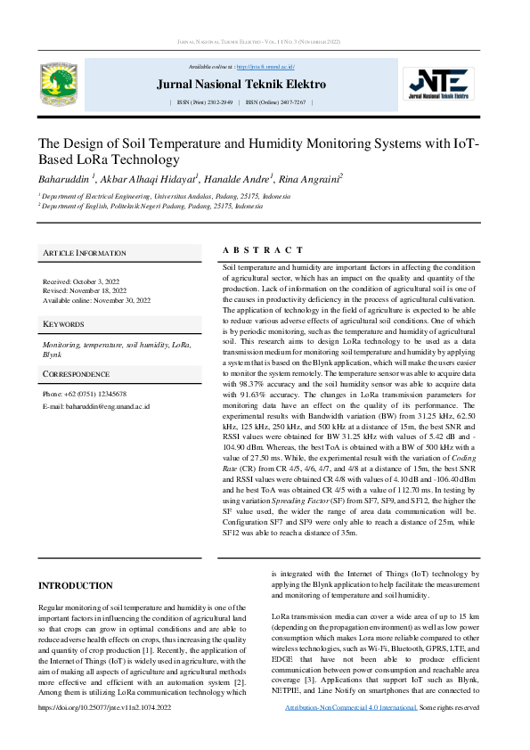 (PDF) The Design of Soil Temperature and Humidity Monitoring Systems with IoT-Based LoRa Technology