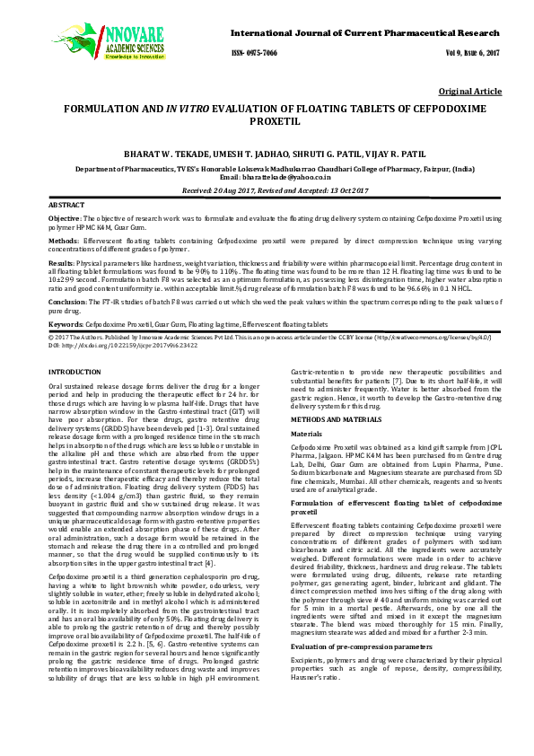 Pdf Formulation And In Vitroevaluation Of Floating Tablets Of Cefpodoxime Proxetil