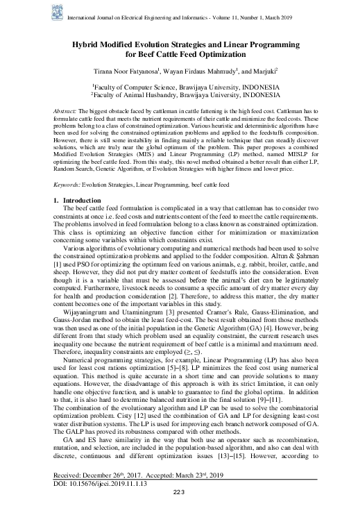 Pdf Hybrid Modified Evolution Strategies And Linear Programming For Beef Cattle Feed Optimization