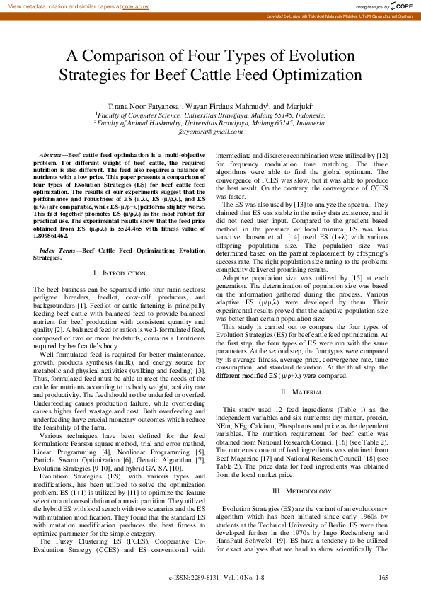 (PDF) A Comparison of Four Types of Evolution Strategies for Beef Cattle Feed Optimization